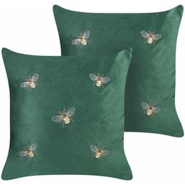 Beliani Dekokissen 2er Set Smaragdgrün Samtstoff 45 x 45 cm Quadratisch mit Stickerei Bienenmotiv Reißverschluss Modern Wohnzimmer Schlafzimmer Deko - Gelb