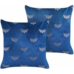 Beliani Dekokissen 2er Set in Marineblau / Silber Samtstoff 45 x 45 cm Quadratisch Schmetterling Muster Wohnaccessoires Deko für Sofa Sessel Bett - Blau