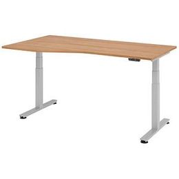 Hammerbacher VXDSM18 elektrisch höhenverstellbarer Schreibtisch nussbaum Trapezform, T-Fuß-Gestell silber 180,0 x 100,0 cm