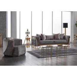 JVmoebel Wohnzimmer-Set Grau Sofagarnitur 3+1 Sitzer mit Edelstahl Couch Sofa Polster Set 2tlg