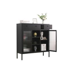 Mein-Regal Highboard, Highboard Paris Schwarz Regal Metall 2 Glastüren 3 Schubladen