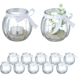 Windlicht, 12er Set, aus Glas, Teelichtgläser mit Schleife, innen & außen, Teelichthalter Deko, transparent - Relaxdays