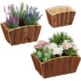 Blumenkasten 3er Set, natürliches Holz mit Rinde, Garten, Terrasse & Fensterbank, Deko zum Bepflanzen, natur - Relaxdays