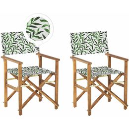 Beliani Gartenstühle 2er Set Helles Akazienholz mit Wechselbarem Bezug Cremeweiß / Grün Zusammenklappbar Blattmuster Outdoor Gartenzubehör - Weiß