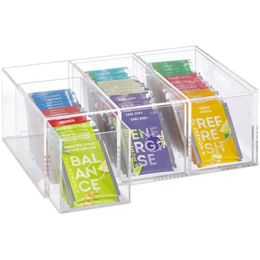Teebox, Acryl, 3 Schubladen, HxBxT: 9 x 26 x 18 cm, Teebeutel Aufbewahrungsbox, Schubladenbox, transparent - Relaxdays