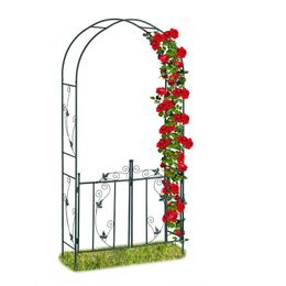 Relaxdays - Rosenbogen mit Tür, Garten Rankhilfe Kletterpflanzen, Torbogen Metall, wetterfest, 230 x 113,5 x 36,5 cm, grün
