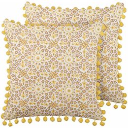 Beliani Dekokissen 2er Set Gelb Baumwolle 45 x 45 cm Bezug mit Füllung Reißverschluss Quasten Blumenmuster Boho Modern Wohnzimmer Schlafzimmer Deko - Gelb
