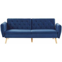 Beliani - Sofa Blau Samtstoff 2-Sitzer Schlaffunktion Modern Praktisch Wohnzimmer Schlafzimmer - Heller Holzfarbton