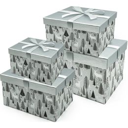 NOOR LIVING Geschenkbox Weihnachtsdeko (Set, 4 St), edle Prägung mit Schleife aus Satinband, silberfarben