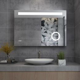MIQU Led Badspiegel 120x80cm mit Beleuchtung Beleuchtet Wandspiegel Kaltweiß Warmweiß Neutrale Lichtspiegel Touch Dimmbar mit Steckdose + Schminkspiegel +