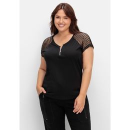 sheego Große Größen: Shirt mit Zipper am Ausschnitt und Ärmeln aus Spitze, schwarz, Gr.54