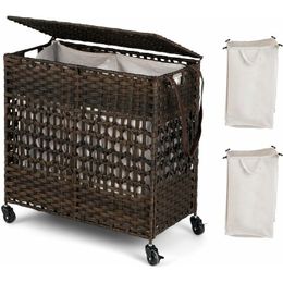 Wäschekorb mit Deckel & 110 l Kapazität, Wäschesammler aus synthetischem Rattan mit 2 abnehmbaren & waschbaren Innentaschen, Kleiderkorb für