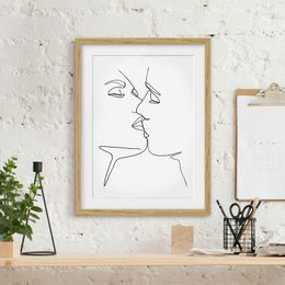 MICASIA Bild mit Rahmen - Line Art Kuss Gesichter Schwarz Weiß Größe HxB: 40cm x 30cm, Rahmen: Eiche