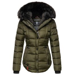 Marikoo Damen Designer Steppjacke Winter Jacke mit edler Kunstpelz Kapuze Lotusbl&uuml;te