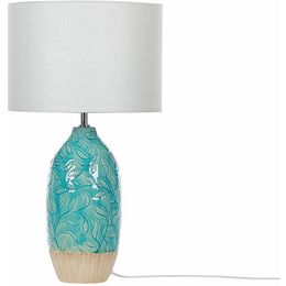Beliani Tischlampe mit Keramikfuß Türkis 58 cm Blättermotiv Langes Kabel mit Schalter Lampenschirm aus Baumwolle Jute in Weiß Wohnzimmer Schlafzimmer - Weiß