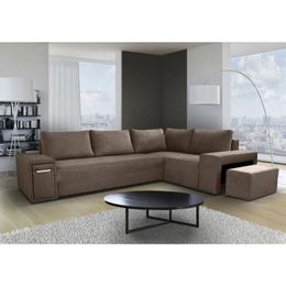 Sofa mit Schlaffunktion Kardo - Ecksofa mit Zwei Bettkasten, Samtstoff, Puff, Schublade - Eckcouch L-Form Rechts - Braun - Braun - Graingold