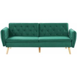 Beliani - Sofa Grün Samtstoff 2-Sitzer Schlaffunktion Modern Praktisch Wohnzimmer Schlafzimmer - Heller Holzfarbton