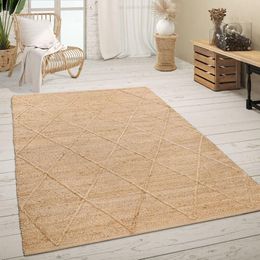 Teppich Wohnzimmer Jute Naturfaser Handgearbeitet Modernes Skandi 3D Muster 60x100 cm, Natur - Paco Home