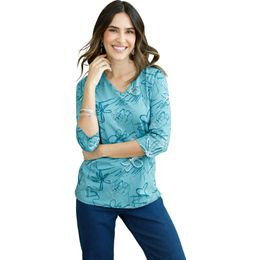 Damen 3/4-Arm-Shirt mit Herzen und Bl&uuml;ten verziert ozean, Gr&ouml;&szlig;e 50
