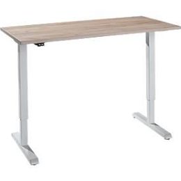 Schreibtisch, elektrisch höhenverstellbar, Rechteck, T-Fuß, B 1300 x T 650 x H 715-1205 mm, Wildeiche/weißaluminium