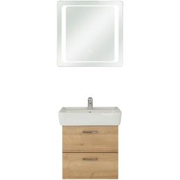 Saphir Badmöbel-Set Quickset 919 2-teilig, Keramik-Waschtisch mit LED-Spiegel, 70 cm breit, (2-St), Waschplatz mit 1 Klappe, 1 Schublade, Waschtisch Set mit Waschbecken, grau|weiß