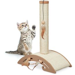 Kratzsäule für Katzen, hbt: 52 x 42 x 22 cm, Kratzstamm mit Spielzeug, Wohnung, Sisalstamm & Kratzbrett, braun - Relaxdays