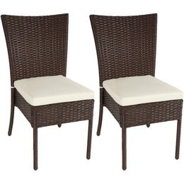 Neuwertig] 2er-Set Poly-Rattan Stuhl HHG 949, Balkonstuhl Gartenstuhl, stapelbar braun, Kissen creme - brown