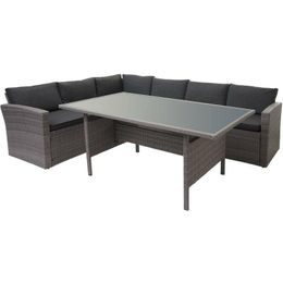 Neuwertig] Poly-Rattan-Garnitur HHG 471, Gartengarnitur Sitzgruppe Lounge-Esstisch-Set Sofa grau, Kissen grau - grey