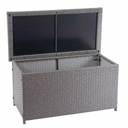 Neuwertig] Poly-Rattan Kissenbox HHG 570, Gartentruhe Auflagenbox Truhe Basic grau, 51x115x59cm 250l - grey