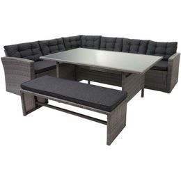 Neuwertig] Poly-Rattan-Garnitur HHG 471, Gartengarnitur Sitzgruppe Lounge-Esstisch-Set Sofa grau, Kissen grau + Bank - grey