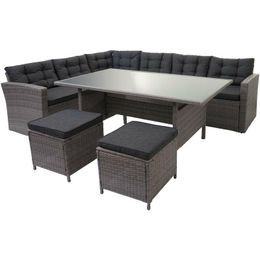 Neuwertig] Poly-Rattan-Garnitur HHG 471, Gartengarnitur Sitzgruppe Lounge-Esstisch-Set Sofa grau, Kissen grau + 2x Hocker - grey