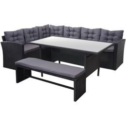 Neuwertig] Poly-Rattan-Garnitur HHG 389, Gartengarnitur Sitzgruppe Lounge-Esstisch-Set, schwarz Kissen dunkelgrau, mit Bank - black