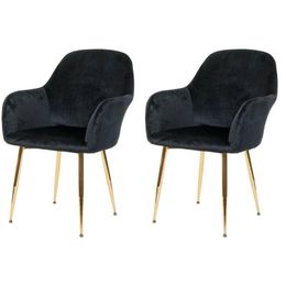 Neuwertig] 2er-Set Esszimmerstuhl HHG 240, Stuhl Küchenstuhl, Retro Design Samt schwarz, goldene Beine - black