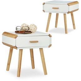 Relaxdays - 2x Nachttisch mit Schublade, Nachttischschrank weiß, Nachtschrank Bambus, Nachtkommode klein, HxBxT: ca. 41 x 40 x 40 cm