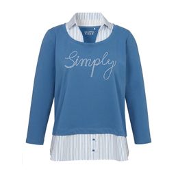 Via Appia Due Große Größen: 2-in-1-Sweatshirt mit Bluseneinsatz und Frontprint, blau-weiß, Gr.44