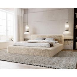 Polsterbett 180x200 cm Enjoy - Schlafzimmerbett mit Bettkasten & Lattenrost - Stoff Fellimitat - Beige - Beige - Graingold