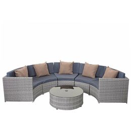 Neuwertig] Poly-Rattan Garnitur rund HHG 120, Garten-Set Sitzgruppe grau, Polster dunkelgrau, Kissen beige - grey