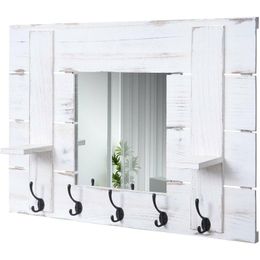 [NEUWERTIG] Wandgarderobe HHG-933 mit Spiegel, Garderobe, Garderobenpaneel, Shabby-Look Vintage, 90x60cm weiß, shabby - white