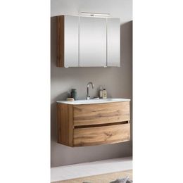 Lomadox Badezimmer Waschtisch Set in Wotaneiche Nb. LAURIA-03 mit Spiegelschrank 80 cm inkl. Beleuchtung, BxHxT: ca. 80x200x49 cm - braun