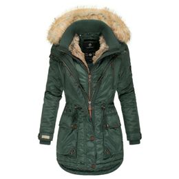 Marikoo Damen Designer Wintermantel Winter Parka mit Kunstpelz-Kapuze Grinsekatze