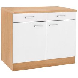 Unterschrank Optifit "Odense" Schränke Gr. B/H/T: 100 cm x 85 cm x 60 cm, 2 St., weiß (weiß, buche) Unterschränke 100 cm breit, mit 2 Türen und Schubkästen, 28 mm Arbeitsplatte