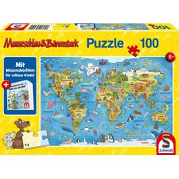 Schmidt Spiele Puzzle Mauseschlau & Bärenstark, Reise um die Welt, 100 Puzzleteile, mit Wissensbüchlein; Made in Europe, bunt