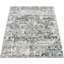 Teppich Wohnzimmer Kurzflor Vintage Moderne Orient Optik Abstrakt Grau Grün 60x100 cm - Paco Home