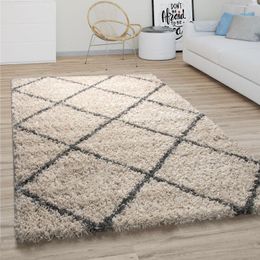 Hochflor Teppich Wohnzimmer Shaggy Skandinavisches Rauten Muster Beige Grau ø 80 cm Rund - Paco Home