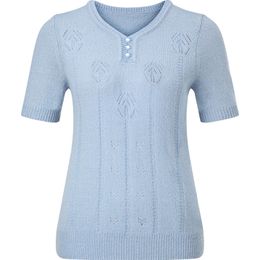 Damen V-Ausschnitt-Pullover mit Ajour-Strickmuster bleu, Gr&ouml;&szlig;e 50