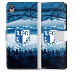 DeinDesign Handyhülle 1. FC Magdeburg Stadion 1. FCM 1.FCM Arena, Sony Xperia X Hülle Handy Flip Case Wallet Cover Handytasche Leder, weiß