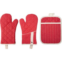 stuco Topfhandschuhe gestreift, (Set, 3-tlg., bestehend aus 2x Ofenhandschuh, 1x Küchengreifhilfe), rot