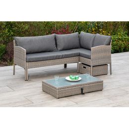 Balkonset Merxx "Viletta" Sitzmöbel-Sets Gr. B/H/T: 192 cm x 77 cm x 108 cm, Balkon Lounge Set, beige (steinbeige, dunkelgrau) Outdoor Möbel Ecksofa, höhenverstellbarer Tisch, mit Box