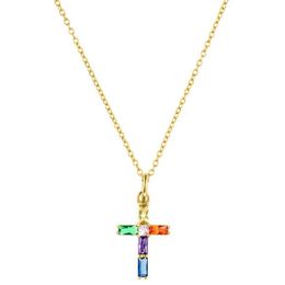 s.Oliver Kette mit Anhänger Halskette Kreuz Regenbogen bunt, 2035509, mit Zirkonia (synth), blau|bunt|gelb|goldfarben|grün|lila|rosa
