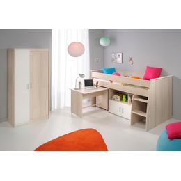 Jugendzimmer-Set Parisot "Charly" Schlafzimmermöbel-Sets weiß (akaziefarben, weiß) Baby Komplett-Kinderzimmer Bett mit herausziehbarem Schreibtisch auf Rollen